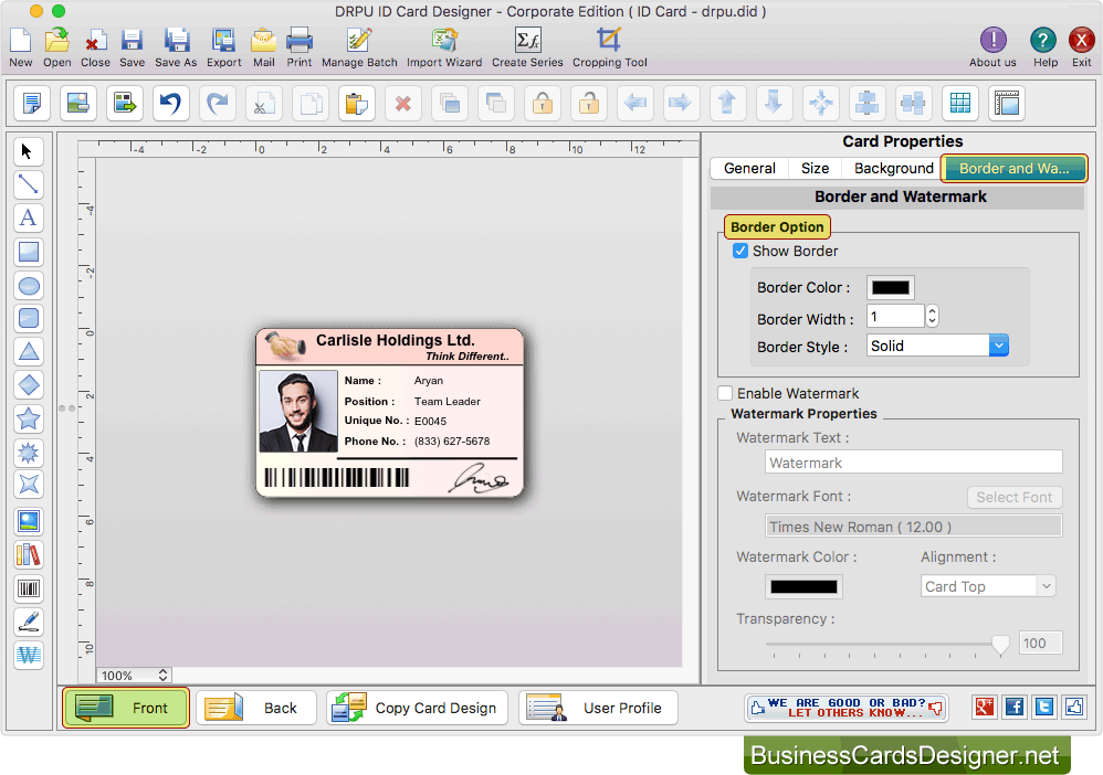 Screenshots of Mac ID Cards Maker (Corporate Edition) explain how to ...