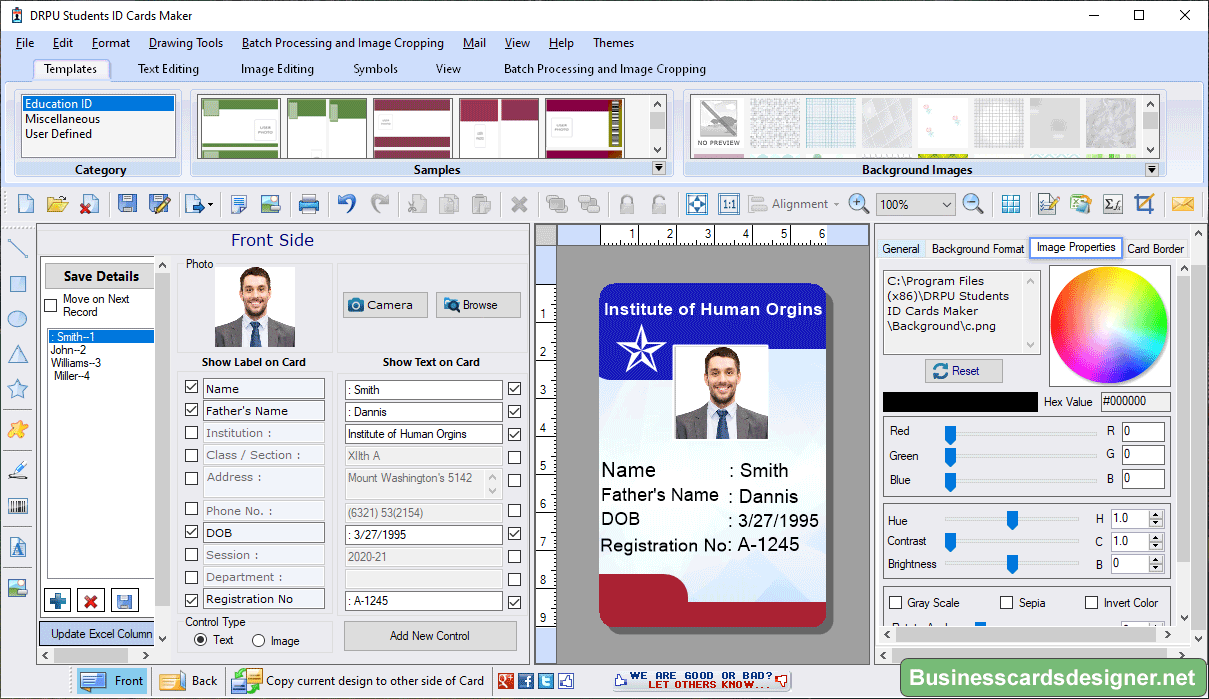 Student ID Card Designer Software designs multiple student ID cards